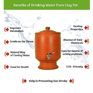 Village Decor Handmade Earthen Clay water pot | Water Dispenser Includes Clay Lid, Glass and Stand, Wooden Coaster and Stainless Steel Faucet. Capacity 7000 ml 236 oz.