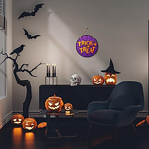 Halloween Hanging Sign with Rope, Trick or Treat Spider Web Sign, Front Door Porch Halloween Round Wood Sign, Halloween BOO Party Supplies, Indoor Outdoor Decor Wall Wood Sign Plaque - 8"(1pc),06
