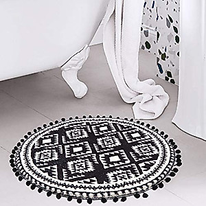 HAOCOO Round Area Rugs 2ft with Pom Pom Ball Fringe Black and Beige Soft Velvet Small Throw Rugs Non-Slip Boho Geometric Floor Carpet for Bedroom Living Room Bathroom Home Decor