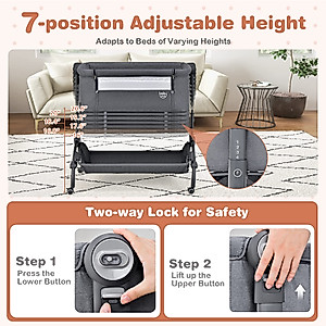 BABY JOY Baby Bassinet, 3-in-1 Rocking Bassinet w/Storage Basket, Double-Lock Design, 7 Adjustable Heights, Soft Mattress & Portable Travel Bag, Bassinet Bedside Sleeper for Newborns Infants (Gray)