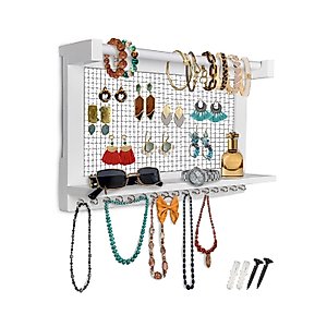Comfify Rustic Jewelry Organizer - Wall Mounted Jewelry Holder w/Removable Bracelet Rod, Shelf & 16 Hooks - Perfect Earrings, Necklaces & Bracelets Holder - Pure White