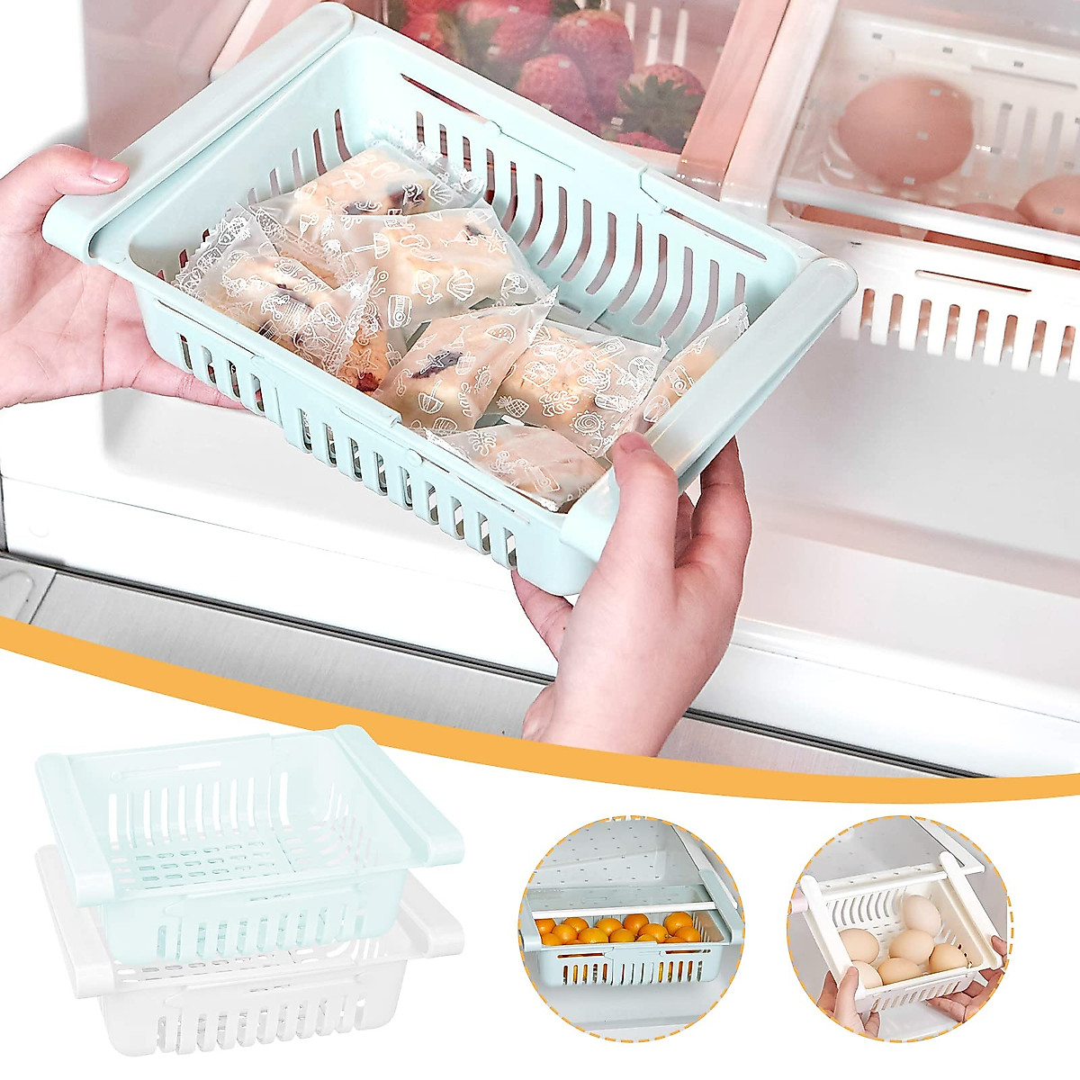 JANKOW Refrigerator Drawer Organizer 2 Packs Retractable Drawer Refrigerator Storage Box, Unique Design Pull Out Storage Box, Sliding Shelves Refrigerator Hanging Organizer