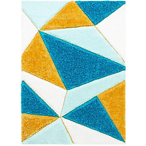 Well Woven Walker Blue Triangle Boxes Thick Soft Plush 3D Textured Shag (5'3" x 7'3") Area Rug
