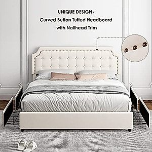 Keyluv Upholstered Queen Bed Frame with 4 Storage Drawers, Velvet Platform Bed with Curved Button Tufted Headboard with Nailhead Trim, Solid Wooden Slats Support, No Box Spring Needed, Beige