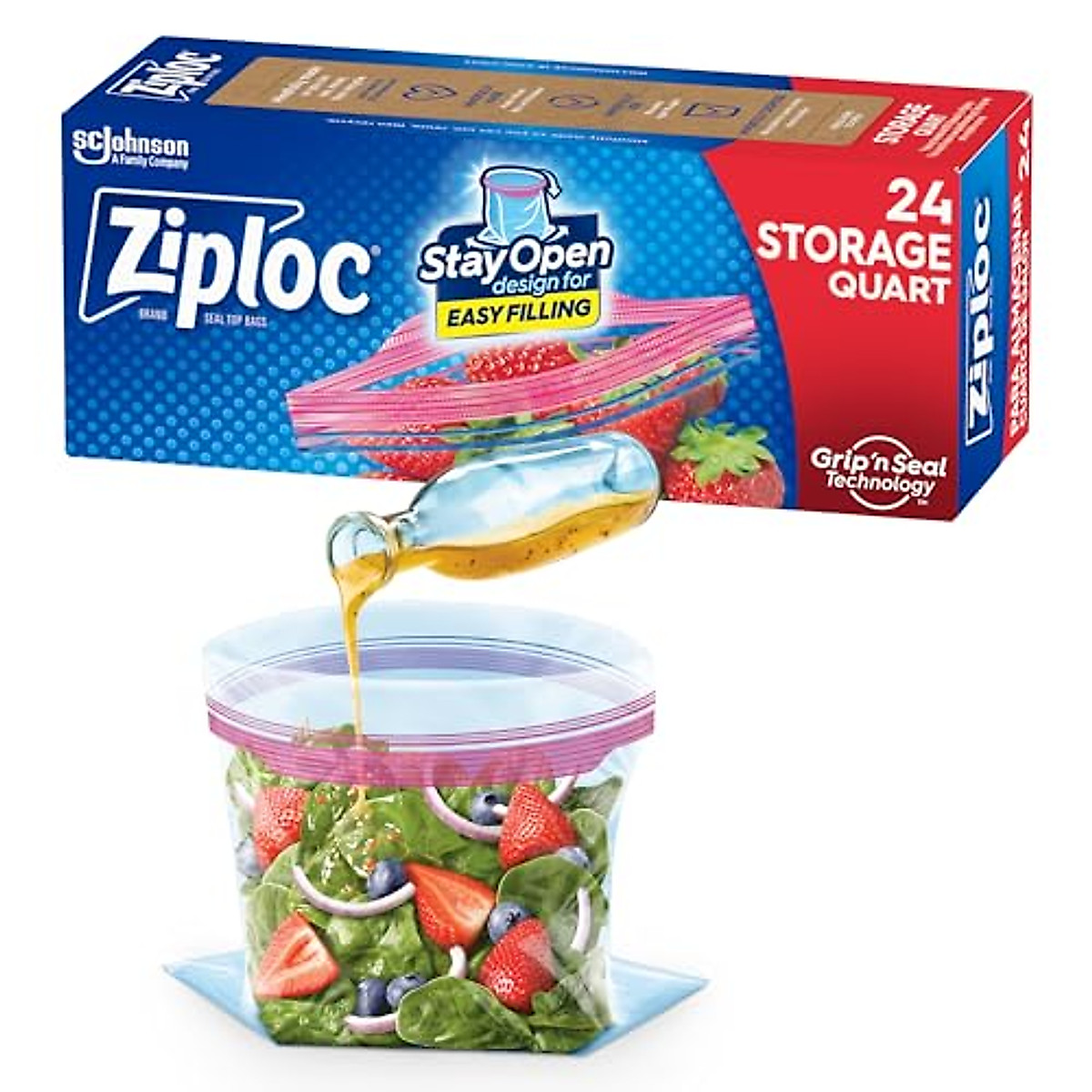 Ziploc Quart Food Storage Bags, Stay Open Design with Stand-Up Bottom, Easy to Fill, 24 Count