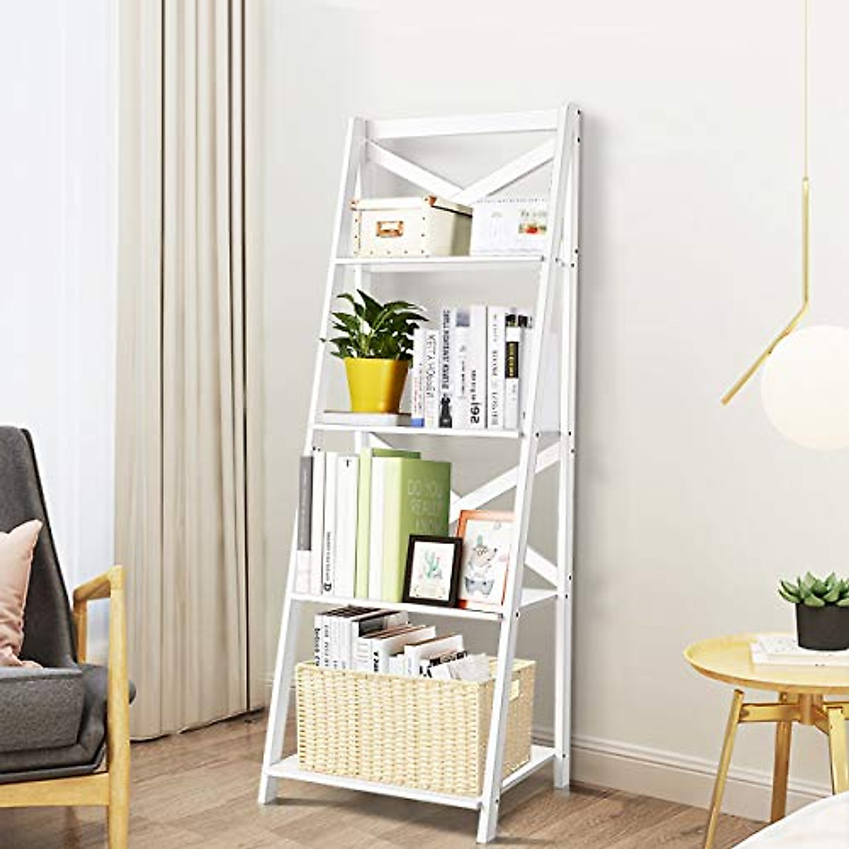 Tangkula 4-Tier Ladder Shelf Bookcase Leaning Free Standing Wooden Frame Decor Bookshelf Storage Flower Shelf Plant Display Shelf for Home Office (White, 2)