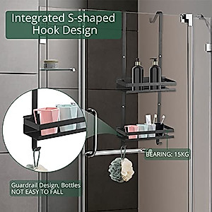 Over Door Shower Caddy for Glass Door, JiGiU Hanging Bathroom Storage Organizer, Over the Door Baskets Stainless Steel 2-Tier Shelves and Built-in Hooks for Shampoo, Body Wash, Loofahs, Towel