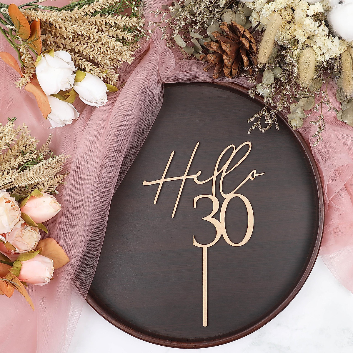 MRAPPY Hello 30 Cake Topper - Wooden 30th Birthday Cake Decorations, Happy 30th Birthday Cake Topper for women or men - 30 Wedding Anniversary Party Cake Decor, Photo Booth Props