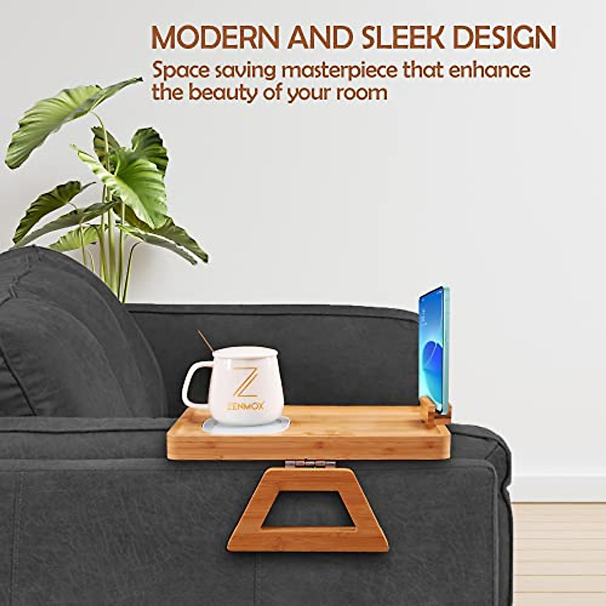 Zenmox Bamboo Clip On Couch Tray Built-in Mug Warmer with Mug Set - Table for Food, Drink Holder - Modern, Sleek Design - with 360° Rotating Phone Holder