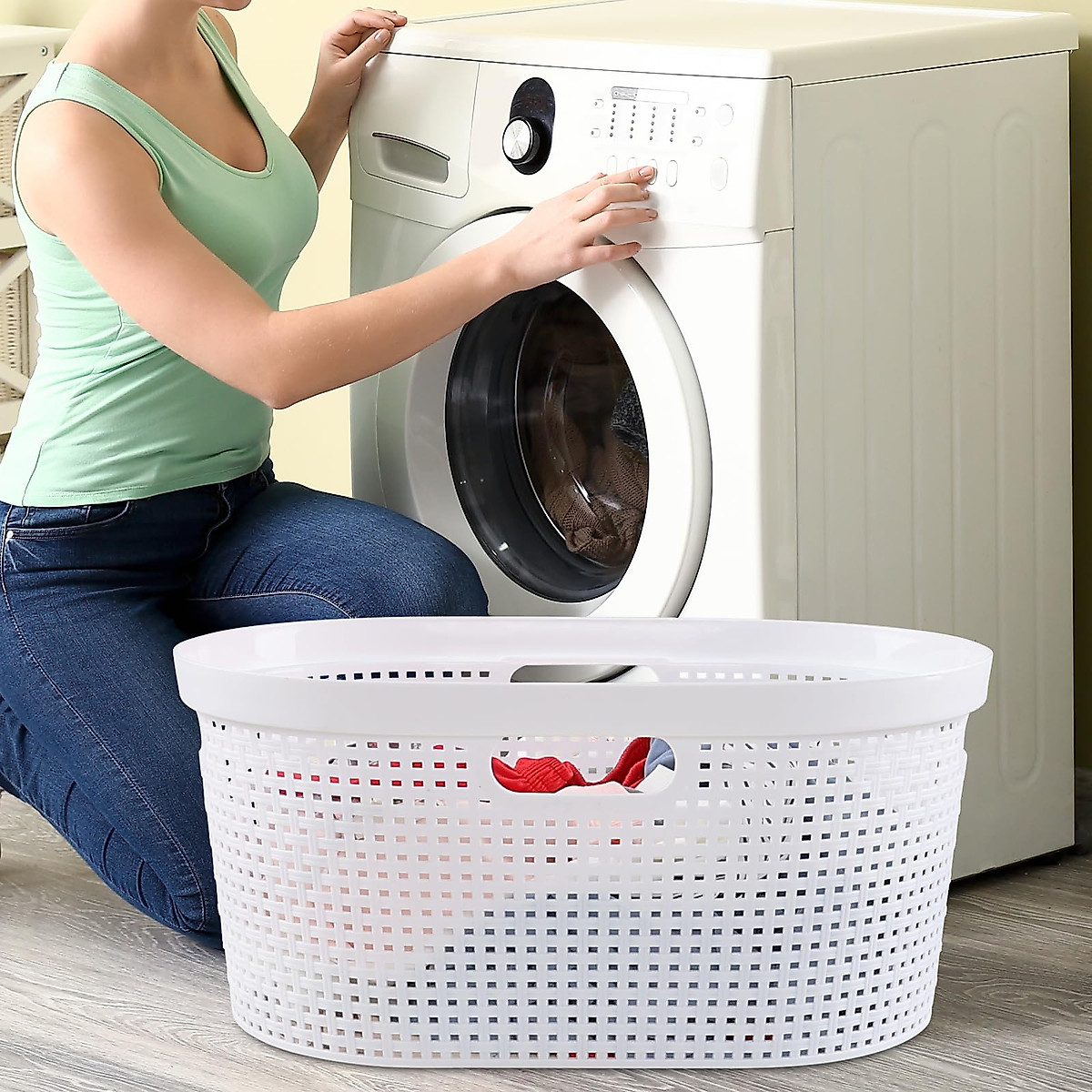 Haodehen Set of 4 Laundry Baskets, 40 L Plastic Storage Hamper with Cut-Out Handles, White