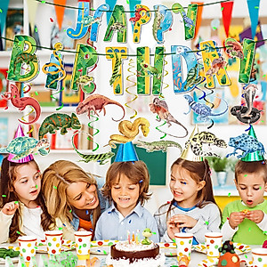 Reptile Birthday Party Supplies Reptile Swamp Happy Birthday Banner and 12 Pcs Reptile Hanging Swirls Safari Animals Lizard Snake Alligator Turtle Camping Wilderness Jungle Birthday Party Decorations