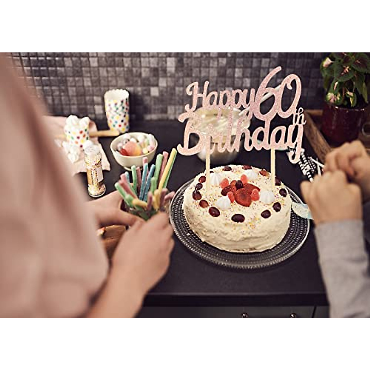 ANCTEY Rose Gold Glitter Happy 60th Birthday Cake Topper, 60 Cake Topper, 60th Birthday Decorations for Women, Sixty 60th Birthday Cake Decorations for Her