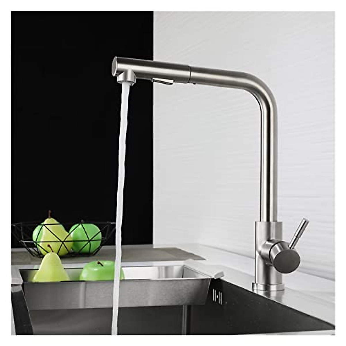 JEMITA Pull Out Kitchen Sink Faucet Silver Black Stainless Steel Single Handle Hot & Cold Mixer Tap Stream Sprayer Head Swivel Faucets (Color : Silver)