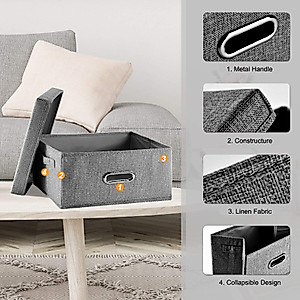 HONGKERNE Linen Fabric Storage Bin with Lid[1-Pack] Foldable Storage Box Organizer Storage Basket with Lid Closet Storage Bins for Clothes Storage Containers for Bedroom Office Home (Gray, Small)
