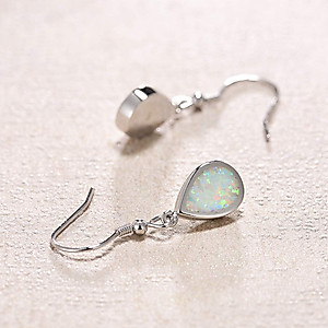 October Birthstone Earrings FANCIME Sterling Silver White Opal Teardrop Dangle Earrings Dainty Pear Shaped Hook Earrings Opal Jewelry for Women