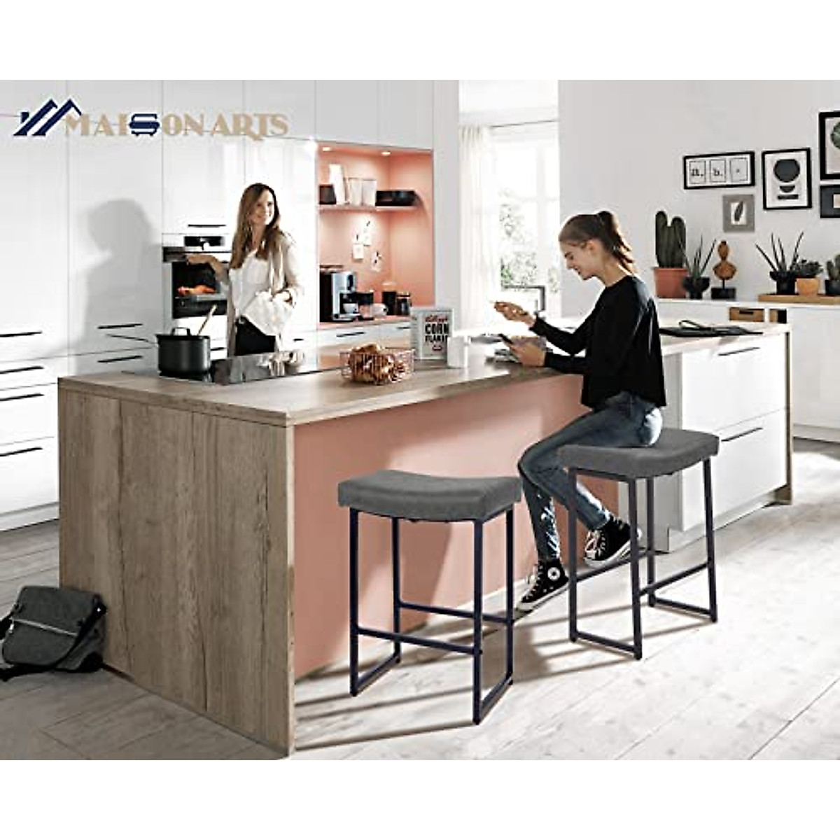 MAISON ARTS Grey Bar Stools Set of 2 Counter Height 24 Inches Saddle Stools for Kitchen Counter Backless Modern Barstools Upholstered Faux Leather Stools Farmhouse Island Chairs, Grey, 2pcs