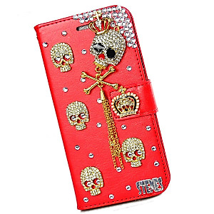 Fairy Art Crystal Wallet Phone Case Compatible with Samsung Galaxy Z Fold 5 - Skull Tassel - Red - 3D Handmade Sparkly Glitter Bling Leather Cover with Screen Protector & Beaded Phone Lanyard