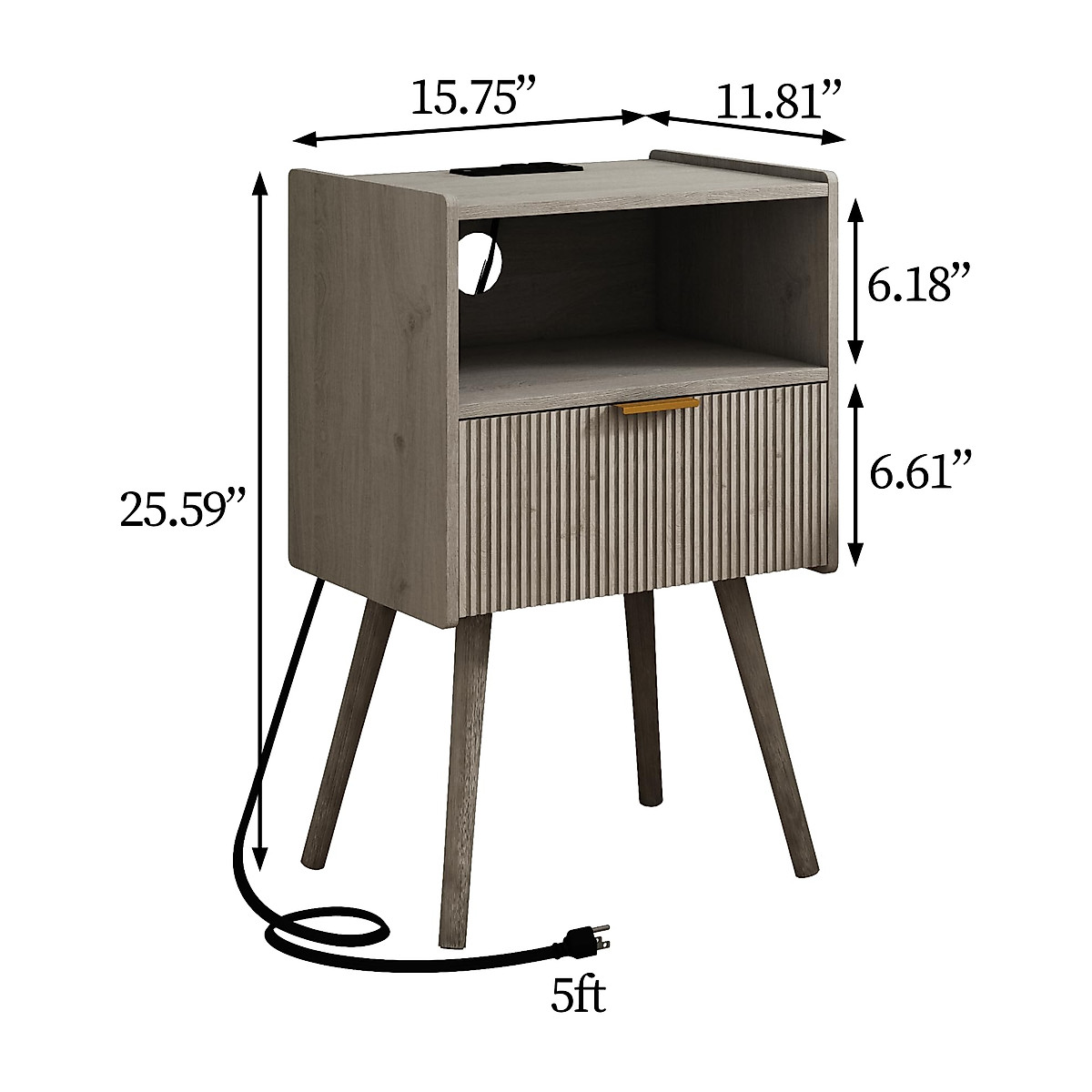 JOONEE Nightstand with Outlet,Modern Bedside Table with Storage Drawer and Open Wood Shelf, for Living Room, Bedroom and Small Spaces, Accent Night Stand with Solid Wood Legs, Easy Assembly,Grey Oak