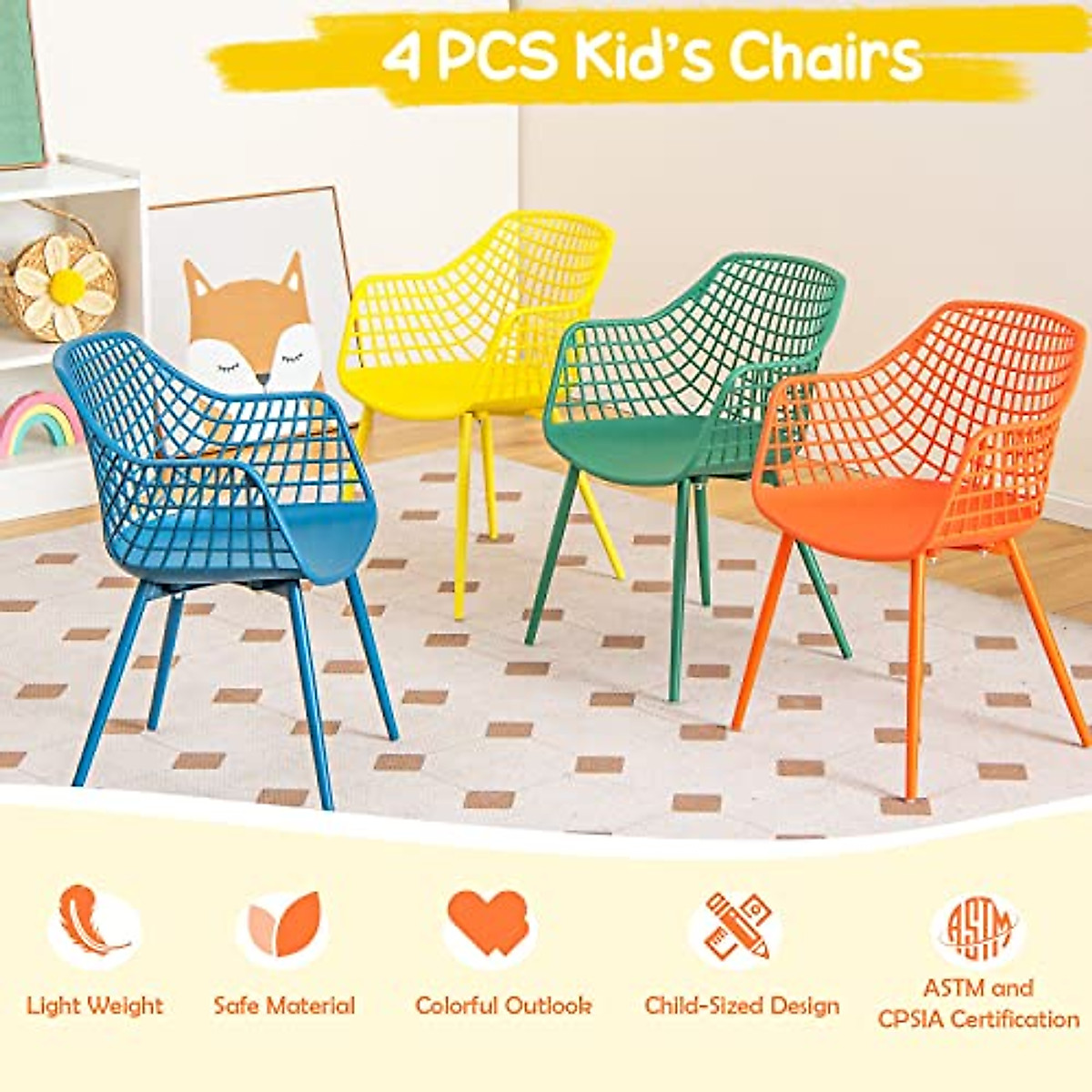 Costzon Kids Chair, 4-Piece, Child-Size Chairs with Curved Backrest, Ergonomic Armrests, Metal Legs & Anti-Slip Foot Pads, Toddler Furniture for Playroom, School, Daycare, Toddler Chairs (Colorful)