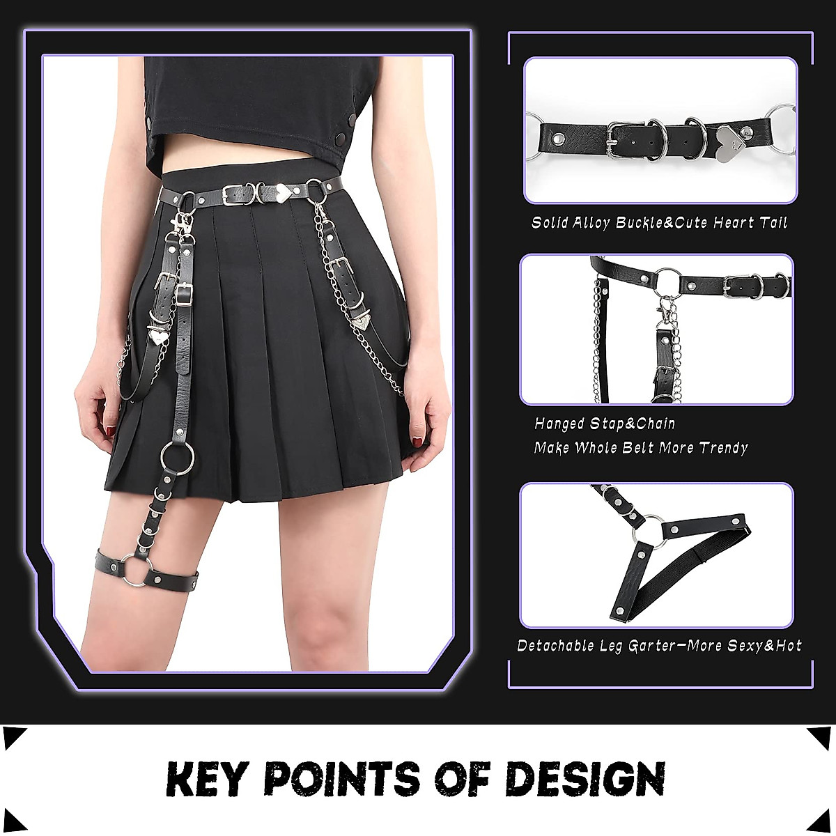 WERFORU Women Punk PU Leather Belt with Chain Ladies Gothic Rock Waist Belt with Leg Garter Halloween, Belt Suit for Waist Size 29-40 Inches, Leg Garter Suit for Thigh Girth below 24 Inches