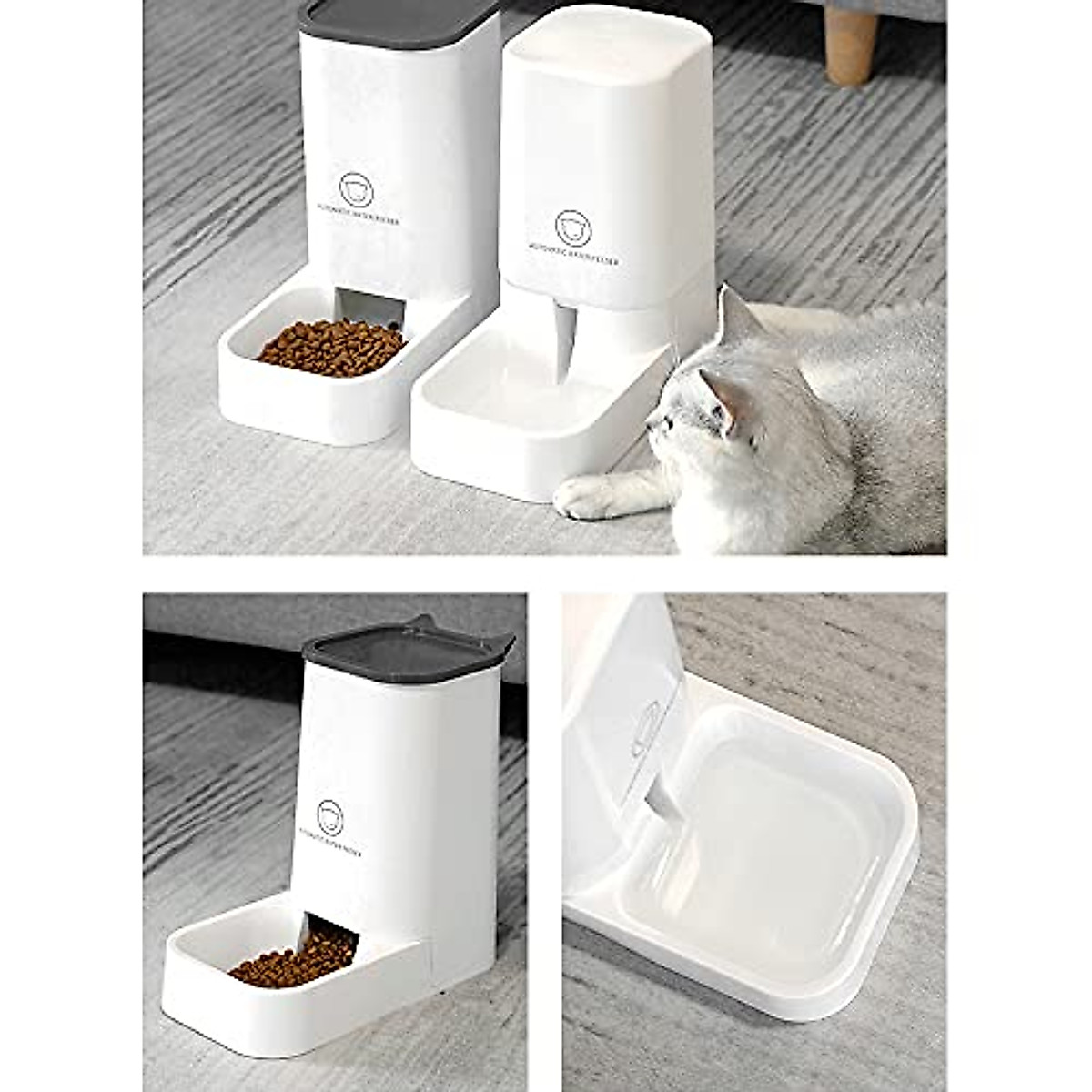 Pet Food Feeder and Water Feeder Set Self-Dispensing Gravity - Dog Automatic Feeders Cat Water Dispenser for Large Middle Small Cats Dogs Kitten Puppy, White, 11.4X5.8X10.8 inch