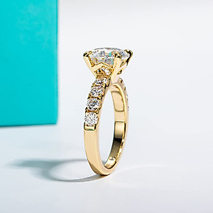 AnuClub Moissanite Engagement Ring 4.3cttw D Color Lab Created Diamond Round Cut 14K Yellow Gold Plated Sterling Silver Eternity Wedding Promise Anniversary Band Ring, Christmas Gift for Women 7.0