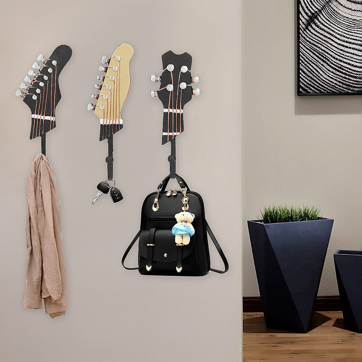 Gavigain 3Pcs Wall Hooks,Decorative 25kg Load Guitar Shape Environmental Resins Wall Hook for Hallway Living Room