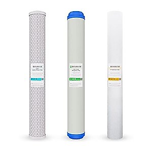 20" Slim Blue Whole House Whole House Anti Scale Filter Set - 20" x 2.5" Polypropylene Sediment, Phosphate Anti-Scale, CTO Carbon Block Water Filter pack, Total of 3 Filters