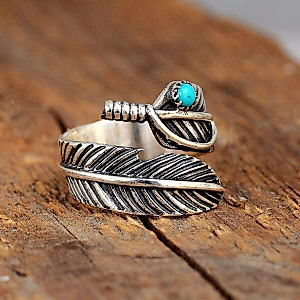 Boho Feather Turquoise Adjustable Ring, Adjustable Stainless Steel Feather Ring, Boho Turquoise Ring for Men, Feather Ring for Women (2 Pcs)
