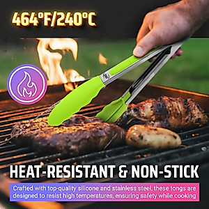 Kaluns Kitchen Tongs for Cooking Grilling Set of 4, BBQ Grill Tongs With Silicone Tip Stainless Steel Heat Resistant, Non-stick Pull Lock, Incl 7, 9, 12 Inch Tong Plus a Silicone Spatula