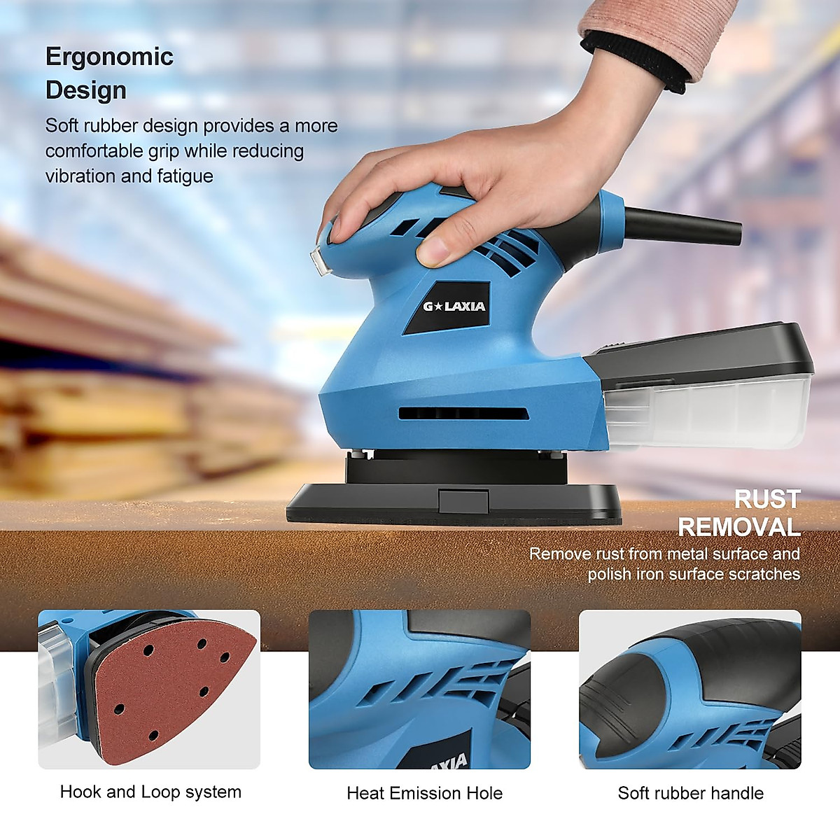 G LAXIA Detail Sander, 1.6 Amp Electric Sander with 10Pcs Sandpapers, 12000 OPM Hand Sander with Dust Box for Woodworking