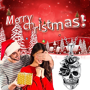 Seiyang Skull Necklace for Women Sterling Silver Goth Skull Rose Pendant Halloween Necklace Skull Jewelry Skull Gift for Women Men Halloween (Rose Skull Necklace)