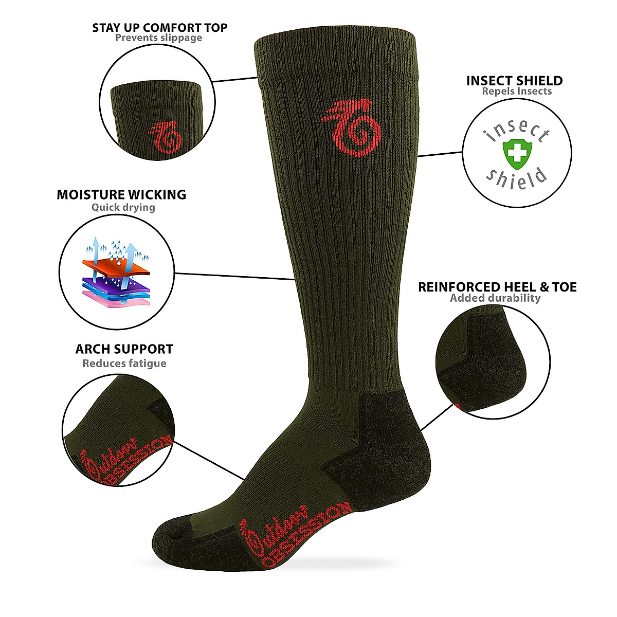 Outdoor Obsession Mens Insect Shield over the calf Socks 3 Pair Pack (Olive, Men's Shoe Size 6-9 - Sock Size Medium)