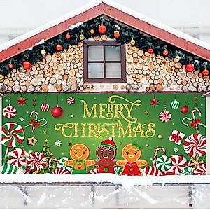 Christmas Candy Garage Door Decoration Merry Christmas Garage Door Banner Cover Peppermint Candy Cane Gingerbread Man Garage Backdrop for Xmas Eve Holiday Outdoor Wall Decor, 7 x 16 ft