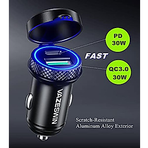 USB C Car Charger, VAZESWIN 60W 5A Mini Metal Super Fast Car Charger Adapter, QC3.0&PD Type C Dual Port Fast Charge USB Car Phone Charger with Blue LED Aperture and Protective Cover