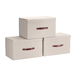 Ornavo Home 3 Pack Collapsible Storage Bins with Lid, Foldable Linen Fabric Shelf Storage Basket Closet Organizer and Large Storage Box for Clothes with Leather Handles, 15 x 10 x 9, Beige