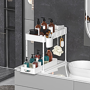 Seasky 2 Pack Adjustable Height Under Sink Organizers and Storage, 2 Tier Sliding Bathroom Organizer, Kitchen Organizer Multipurpose Under Sink Cabinet Storage with 8 Hooks and 2 Hanging Cup