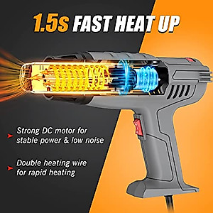 DIAFIELD 1850W Heat Gun 10 Variable Temperature Settings 112℉~1202℉（44℃- 650℃), Fast Heat Hot Air Gun, Durable & Overload Protection, with 4 Nozzels for Shrink Wrap, Vinyl, Crafts, Epoxy Resin(5.9FT)