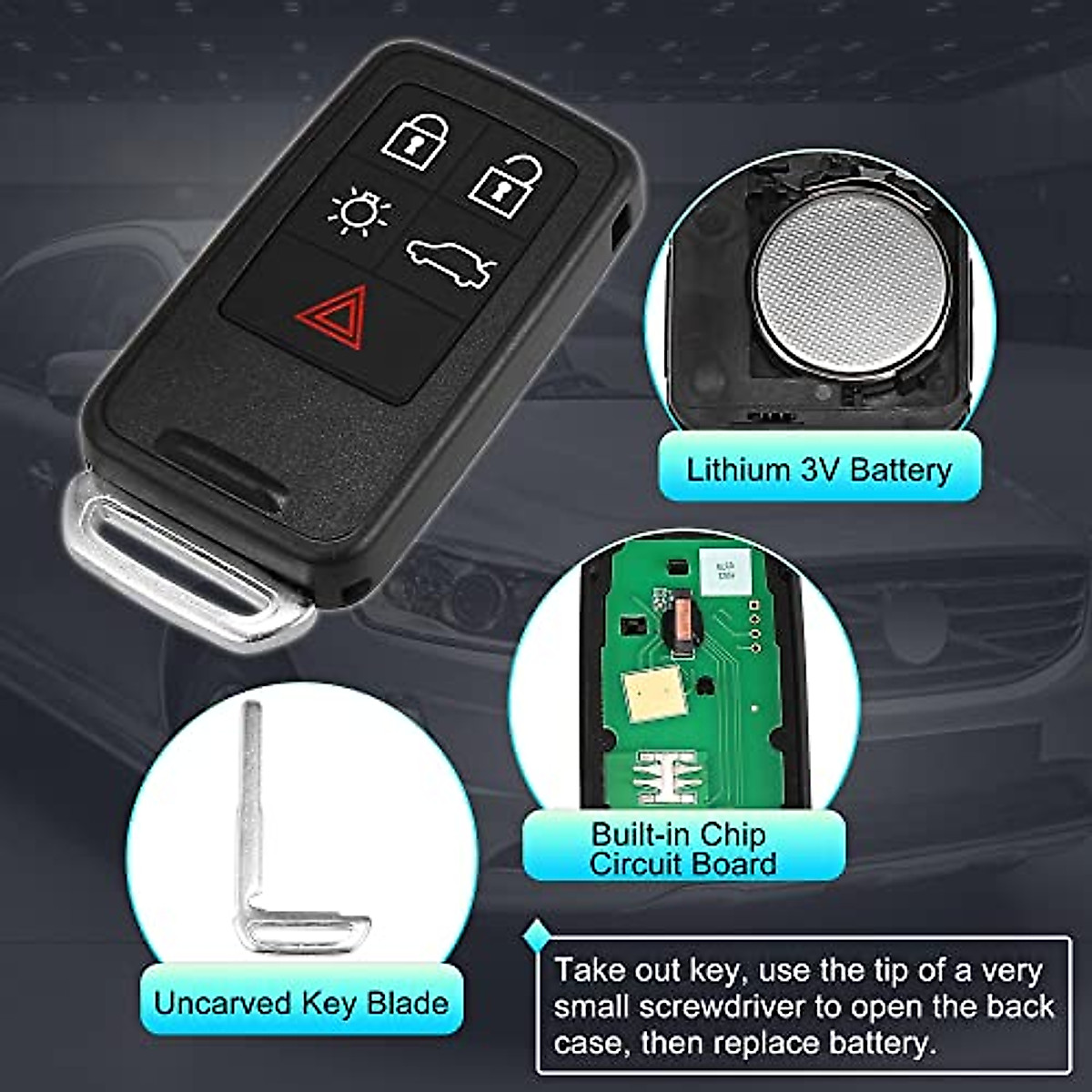 X AUTOHAUX Replacement Keyless Entry Remote Car Key Fob KR55WK49264 433Mhz for Volvo XC60 2010-2017 for Volvo XC70 2008-2016 5 Buttons with Door Key