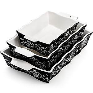 Bekith 3-Piece Ceramic Baking Dishes with Handles, Casserole Dishes for Oven, Rectangular Deep Lasagna Pans, Porcelain Bakeware Sets for Baking Cake Kitchen, Cooking, Black and White