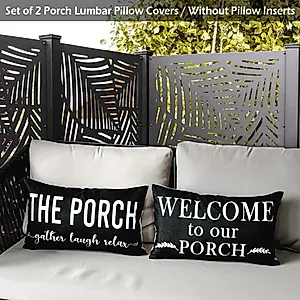 JOJOGOGO Welcome to Our Porch Pillows Black Farmhouse Outdoor Lumbar Pillow Covers 12x20 Waterproof Set of 2 Front & Back Porch Decor Rustic Throw Pillows for Garden Deck Patio Furniture (No Inserts)