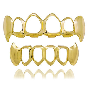 18K Gold Plated Grillz Fangs 6 Open Face Silver Plated Top & Bottom Set