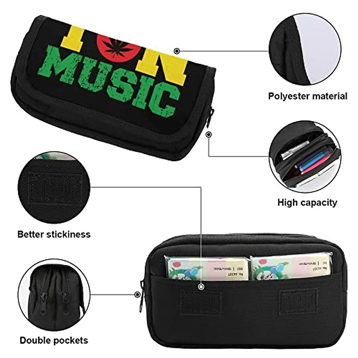 I Love Raggaeton Music Large Capacity Pencil Case Multi-Slot Pencil Bag Portable Pen Storage Pouch with Zipper