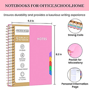 CAGIE 5 Subject Notebook College Ruled with Removable Tabs, Lined Spiral Journals Notebook for Women Men Writing, Notebooks for Work Note Taking School Supplies, A5 - Pink