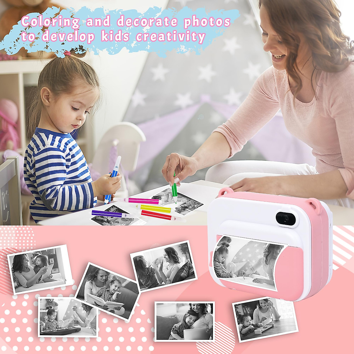 SudnXih Instant Camera for Kids Toys for 5-8 Year Old Girls, Kids Camera Instant Print Birthday Gifts for Girl Age 4 5 6 Selfie Camera with 180 Flip Screen Pink