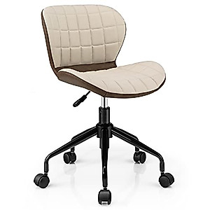 Giantex Home Office Desk Chair, 360° Swivel Height Adjustable Office Chair w/PU Leather, Modern Office Chair, Ergonomic Curved Wood Desk Chairs, Leather Armless Task Chair for Office, Beige & Brown