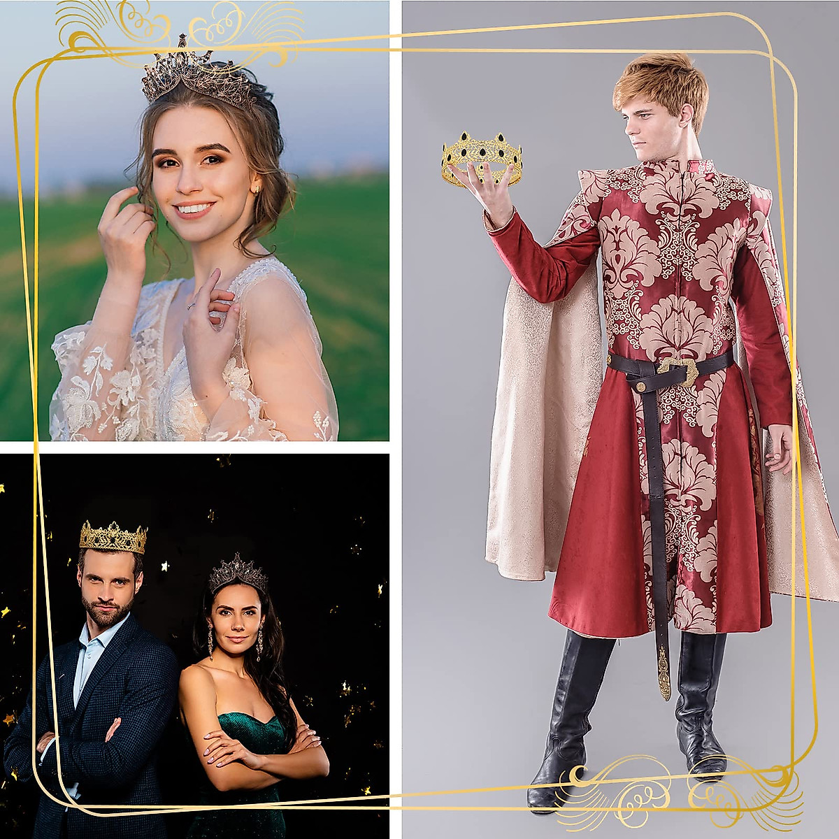 Ferraycle 2 Pcs Crowns for Men Women King Royal Crown with Black Rhinestone Crystal Queen Royal Round Crown Halloween Medieval Princess Costume for Wedding Homecoming Prom Party Decorations