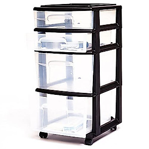 Homz Plastic 4 Clear Drawer Medium Home Organization Storage Container Tower with 2 Large Drawers and 2 Small Drawers, Black Frame