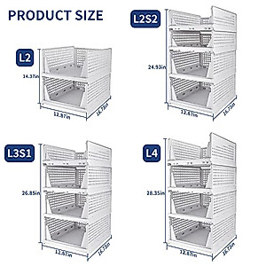 Mupera Stackable Plastic Storage Basket - Upgraded Large White Folding Storage Bins, Plastic Push-pull Clothes Organizer Shelf, Collapsible Storage Organizer for Wardrobe Bathroom Kitchen (4 Pack)