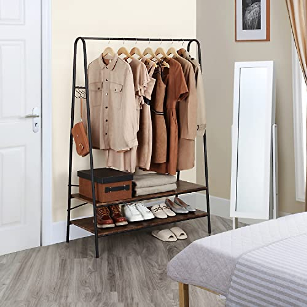 Finnhomy 39.4“L Clothes Rack with 2 Wood Shelves, Clothing Racks for Hanging Clothes Heavy Duty Garment Display Rack, Rustic Metal Portable Closet with Shoes Rack for Bedroom/Entryway/Boutiques